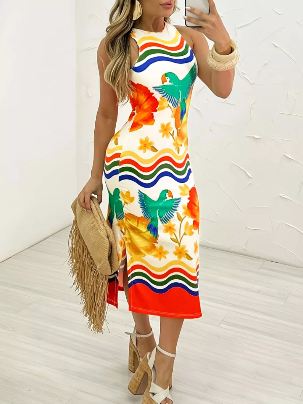Plus Size Tropical Parrot Print Sleeveless Midi Dress – The ABCs Store